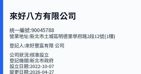來好八方有限公司的照片-統編 90045788(新北市) 公司登記資料與營業項目詳細圖表