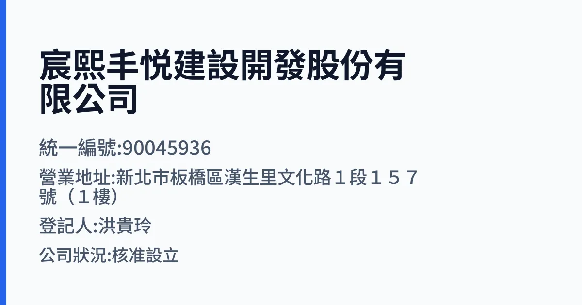 宸熙丰悦建設開發股份有限公司 - 統編 90045936(新北市) 公司登記資料與營業項目詳細圖表