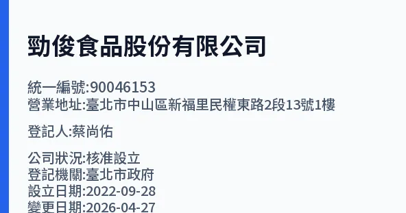 勁俊食品股份有限公司的照片-統編 90046153(臺北市) 公司登記資料與營業項目詳細圖表