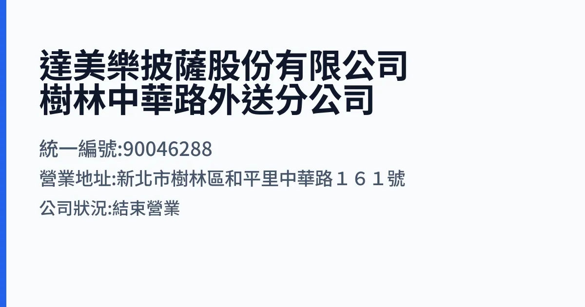 達美樂披薩股份有限公司樹林中華路外送分公司 - 統編 90046288(新北市) 公司登記資料與營業項目詳細圖表