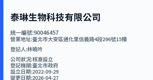 泰琳生物科技有限公司的照片-統編 90046457(臺北市) 公司登記資料與營業項目詳細圖表
