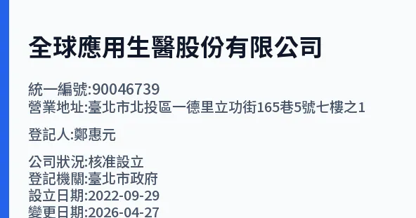 全球應用生醫股份有限公司的照片-統編 90046739(臺北市) 公司登記資料與營業項目詳細圖表