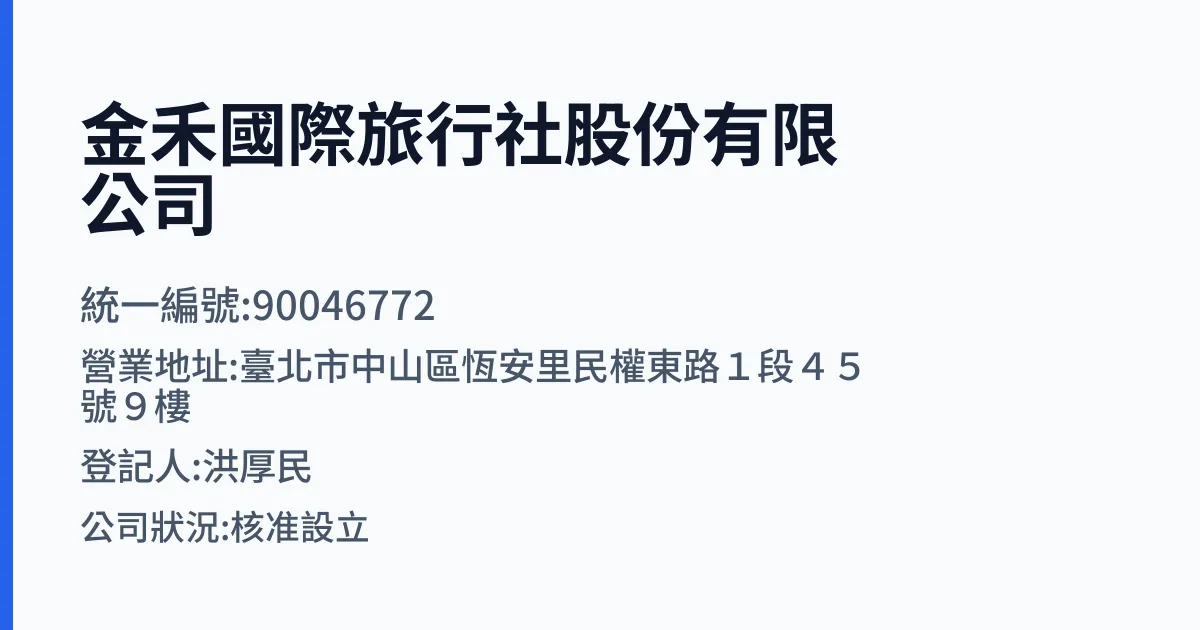 金禾國際旅行社股份有限公司 - 統編 90046772(臺北市) 公司登記資料與營業項目詳細圖表