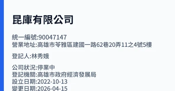 昆庫有限公司的照片-統編 90047147(高雄市) 公司登記資料與營業項目詳細圖表