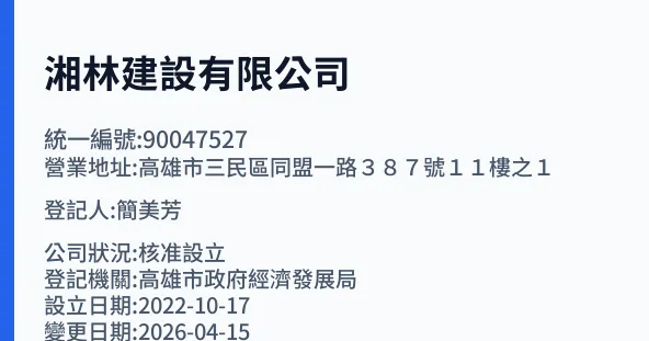 湘林建設有限公司的照片-統編 90047527(高雄市) 公司登記資料與營業項目詳細圖表