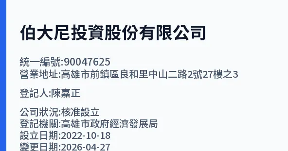 伯大尼投資股份有限公司的照片-統編 90047625(高雄市) 公司登記資料與營業項目詳細圖表