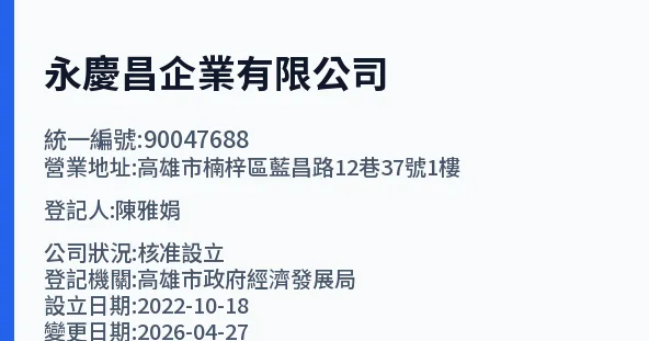 永慶昌企業有限公司的照片-統編 90047688(高雄市) 公司登記資料與營業項目詳細圖表