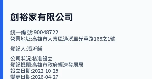 創裕家有限公司的照片-統編 90048722(高雄市) 公司登記資料與營業項目詳細圖表