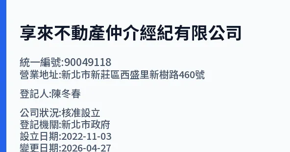享來不動產仲介經紀有限公司的照片-統編 90049118(新北市) 公司登記資料與營業項目詳細圖表