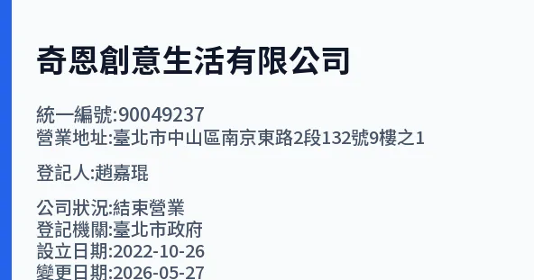 奇恩創意生活有限公司的照片-統編 90049237(臺北市) 公司登記資料與營業項目詳細圖表