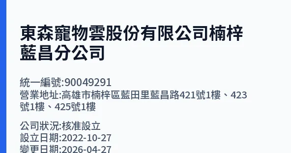 東森寵物雲股份有限公司楠梓藍昌分公司的照片-統編 90049291(高雄市) 公司登記資料與營業項目詳細圖表