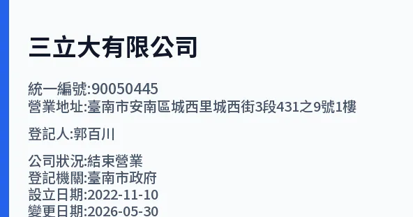 三立大有限公司的照片-統編 90050445(臺南市) 公司登記資料與營業項目詳細圖表