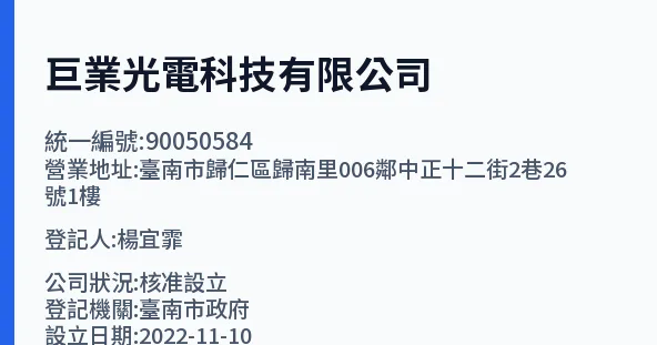 巨業光電科技有限公司的照片-統編 90050584(臺南市) 公司登記資料與營業項目詳細圖表