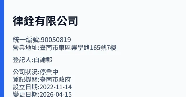 律銓有限公司的照片-統編 90050819(臺南市) 公司登記資料與營業項目詳細圖表