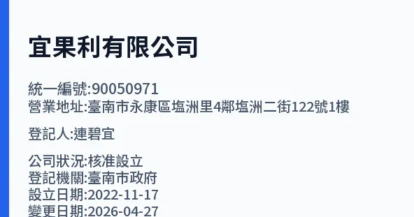 宜果利有限公司的照片-統編 90050971(臺南市) 公司登記資料與營業項目詳細圖表
