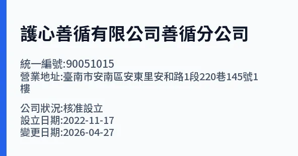 護心善循有限公司善循分公司的照片-統編 90051015(臺南市) 公司登記資料與營業項目詳細圖表