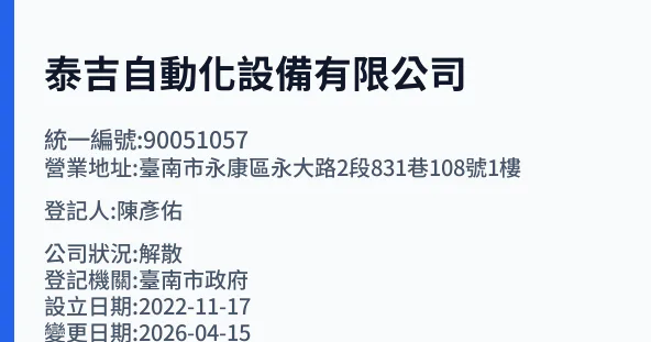 泰吉自動化設備有限公司的照片-統編 90051057(臺南市) 公司登記資料與營業項目詳細圖表
