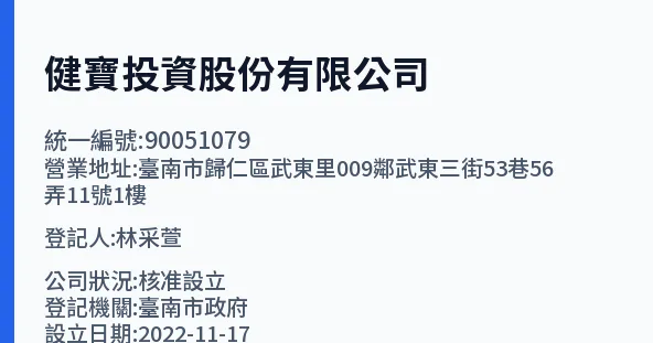 健寶投資股份有限公司的照片-統編 90051079(臺南市) 公司登記資料與營業項目詳細圖表