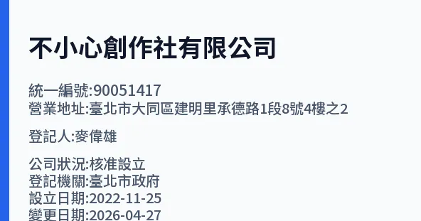 不小心創作社有限公司的照片-統編 90051417(臺北市) 公司登記資料與營業項目詳細圖表