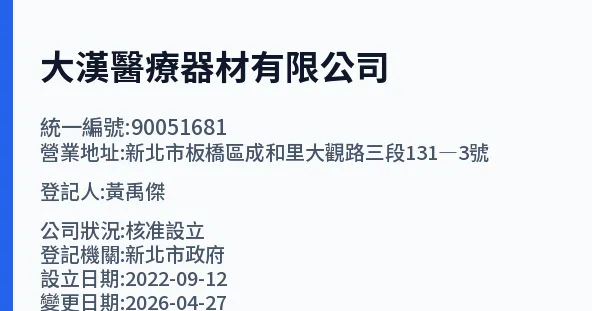 大漢醫療器材有限公司的照片-統編 90051681(新北市) 公司登記資料與營業項目詳細圖表