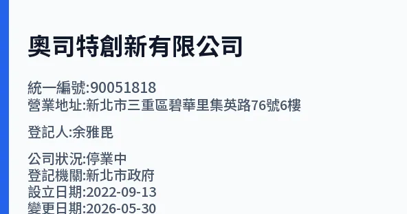 奧司特創新有限公司的照片-統編 90051818(新北市) 公司登記資料與營業項目詳細圖表