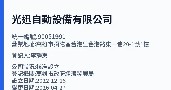 光迅自動設備有限公司的照片-統編 90051991(高雄市) 公司登記資料與營業項目詳細圖表