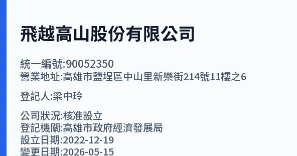 飛越高山股份有限公司的照片-統編 90052350(高雄市) 公司登記資料與營業項目詳細圖表