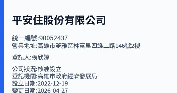 平安住股份有限公司的照片-統編 90052437(高雄市) 公司登記資料與營業項目詳細圖表