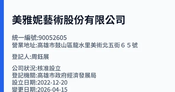 美雅妮藝術股份有限公司的照片-統編 90052605(高雄市) 公司登記資料與營業項目詳細圖表