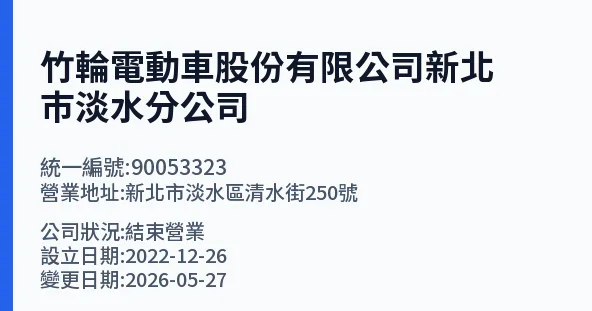 竹輪電動車股份有限公司新北巿淡水分公司的照片-統編 90053323(新北市) 公司登記資料與營業項目詳細圖表
