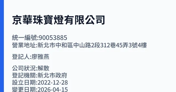 京華珠寶燈有限公司的照片-統編 90053885(新北市) 公司登記資料與營業項目詳細圖表
