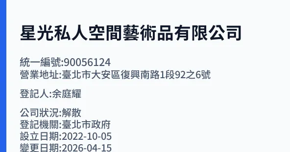 星光私人空間藝術品有限公司的照片-統編 90056124(臺北市) 公司登記資料與營業項目詳細圖表