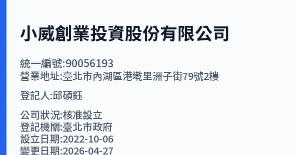 小威創業投資股份有限公司的照片-統編 90056193(臺北市) 公司登記資料與營業項目詳細圖表