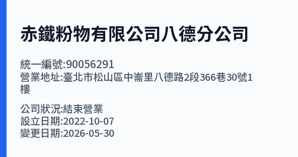 赤鐵粉物有限公司八德分公司的照片-統編 90056291(臺北市) 公司登記資料與營業項目詳細圖表