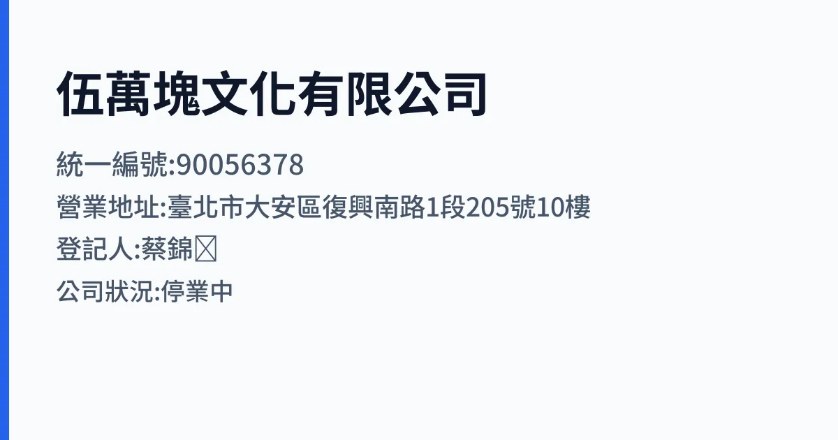 伍萬塊文化有限公司 - 統編 90056378(臺北市) 公司登記資料與營業項目詳細圖表
