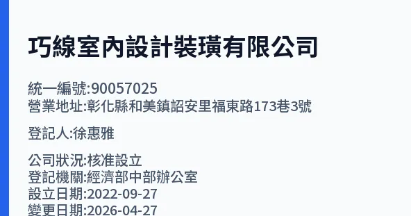 巧線室內設計裝璜有限公司的照片-統編 90057025(彰化縣) 公司登記資料與營業項目詳細圖表