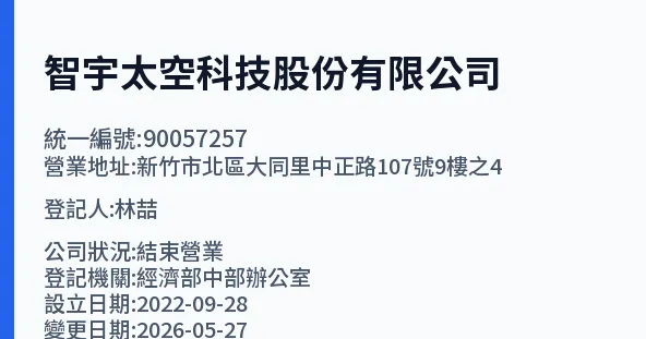 智宇太空科技股份有限公司的照片-統編 90057257(新竹市) 公司登記資料與營業項目詳細圖表