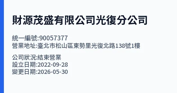 財源茂盛有限公司光復分公司的照片-統編 90057377(臺北市) 公司登記資料與營業項目詳細圖表