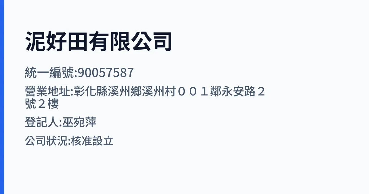 泥好田有限公司 - 統編 90057587(彰化縣) 公司登記資料與營業項目詳細圖表