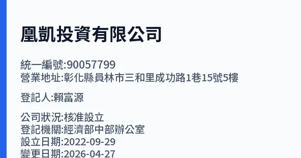 凰凱投資有限公司的照片-統編 90057799(彰化縣) 公司登記資料與營業項目詳細圖表