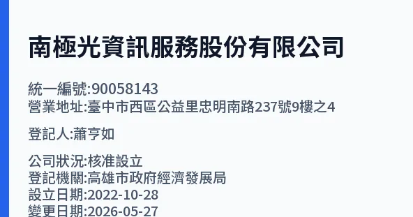 南極光資訊服務股份有限公司的照片-統編 90058143(臺中市) 公司登記資料與營業項目詳細圖表