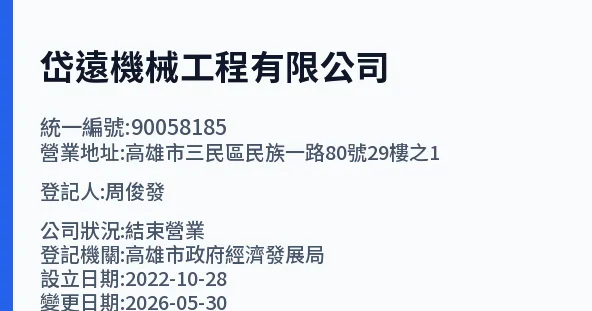 岱遠機械工程有限公司的照片-統編 90058185(高雄市) 公司登記資料與營業項目詳細圖表