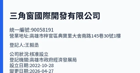 三角窗國際開發有限公司的照片-統編 90058191(高雄市) 公司登記資料與營業項目詳細圖表