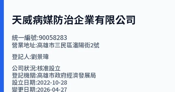 天威病媒防治企業有限公司的照片-統編 90058283(高雄市) 公司登記資料與營業項目詳細圖表