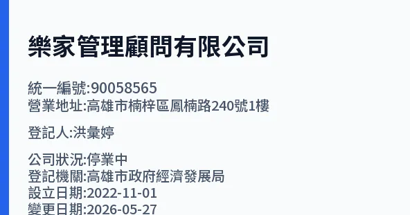 樂家管理顧問有限公司的照片-統編 90058565(高雄市) 公司登記資料與營業項目詳細圖表