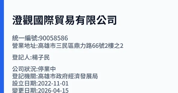 澄觀國際貿易有限公司的照片-統編 90058586(高雄市) 公司登記資料與營業項目詳細圖表