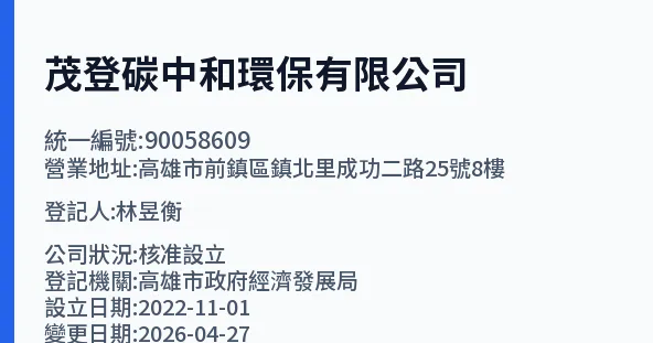 茂登碳中和環保有限公司的照片-統編 90058609(高雄市) 公司登記資料與營業項目詳細圖表