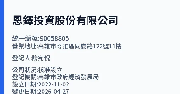 恩鐸投資股份有限公司的照片-統編 90058805(高雄市) 公司登記資料與營業項目詳細圖表