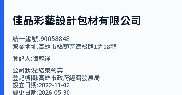 佳品彩藝設計包材有限公司的照片-統編 90058848(高雄市) 公司登記資料與營業項目詳細圖表