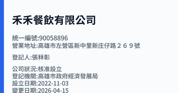 禾禾餐飲有限公司的照片-統編 90058896(高雄市) 公司登記資料與營業項目詳細圖表